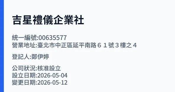 吉星禮儀企業社的照片-統編 00635577(臺北市) 公司登記資料與營業項目詳細圖表