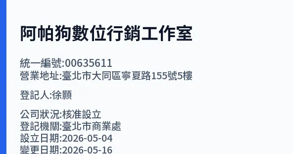 阿帕狗數位行銷工作室的照片-統編 00635611(臺北市) 公司登記資料與營業項目詳細圖表