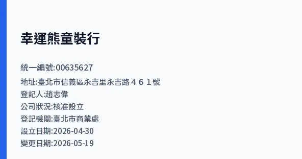幸運熊童裝行的照片-統編 00635627(臺北市) 公司登記資料與營業項目詳細圖表