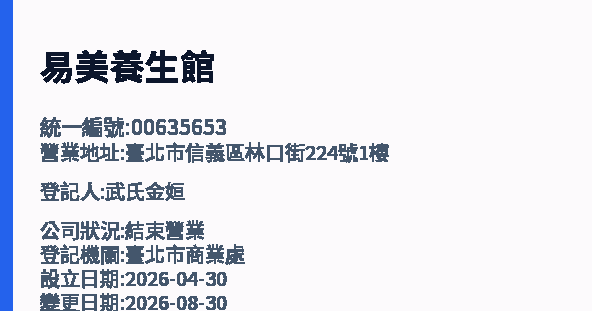 易美養生館的照片-統編 00635653 公司登記資料與營業項目詳細圖表