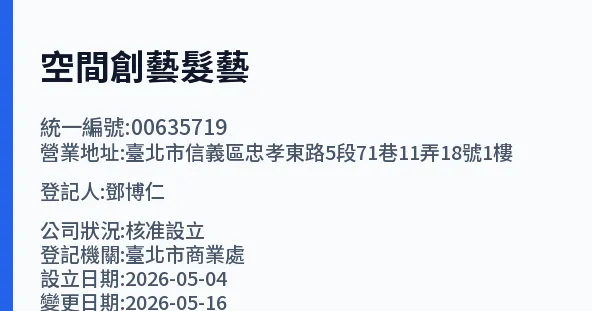 空間創藝髮藝的照片-統編 00635719(臺北市) 公司登記資料與營業項目詳細圖表