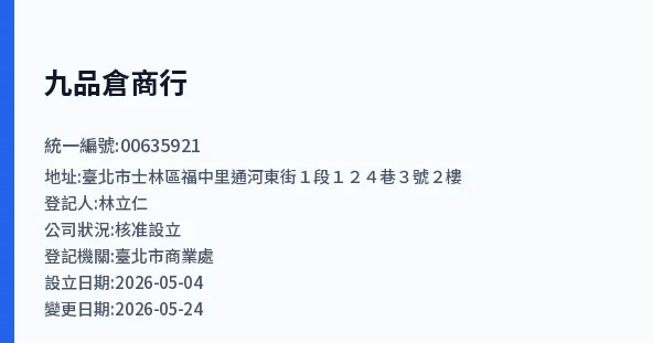 九品倉商行的照片-統編 00635921(臺北市) 公司登記資料與營業項目詳細圖表