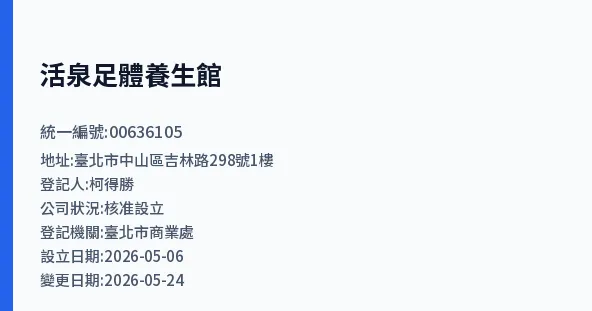 活泉足體養生館的照片-統編 00636105(臺北市) 公司登記資料與營業項目詳細圖表