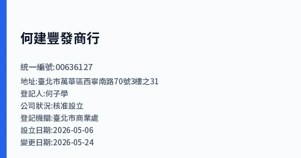 何建豐發商行的照片-統編 00636127(臺北市) 公司登記資料與營業項目詳細圖表