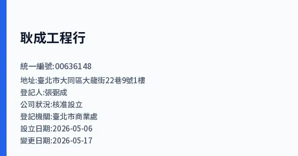 耿成工程行的照片-統編 00636148(臺北市) 公司登記資料與營業項目詳細圖表