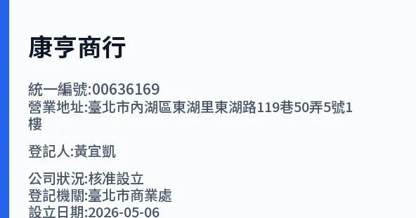 康亨商行的照片-統編 00636169(臺北市) 公司登記資料與營業項目詳細圖表
