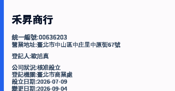 禾昇商行的照片-統編 00636203(臺北市) 公司登記資料與營業項目詳細圖表