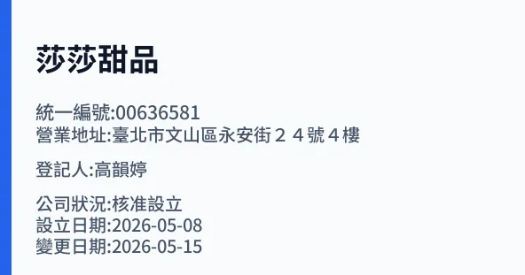 莎莎甜品的照片-統編 00636581(臺北市) 公司登記資料與營業項目詳細圖表