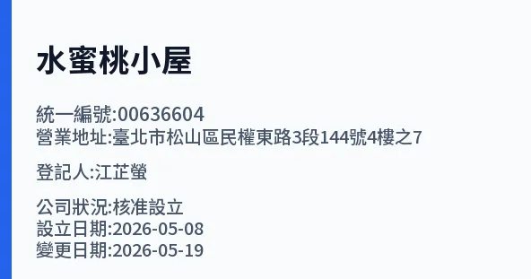 水蜜桃小屋的照片-統編 00636604(臺北市) 公司登記資料與營業項目詳細圖表
