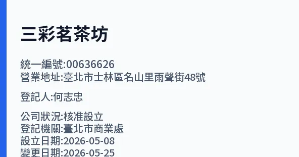 三彩茗茶坊的照片-統編 00636626(臺北市) 公司登記資料與營業項目詳細圖表