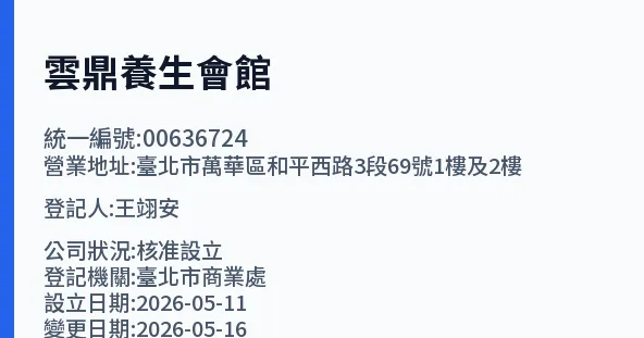 雲鼎養生會館的照片-統編 00636724(臺北市) 公司登記資料與營業項目詳細圖表