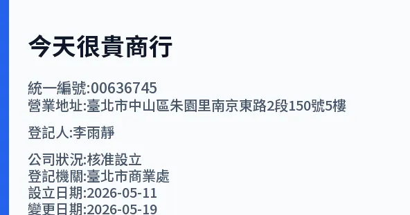 今天很貴商行的照片-統編 00636745(臺北市) 公司登記資料與營業項目詳細圖表