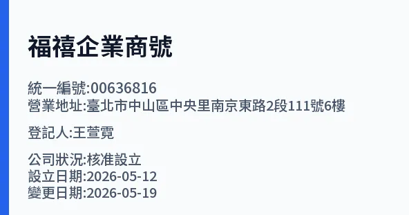 福禧企業商號的照片-統編 00636816(臺北市) 公司登記資料與營業項目詳細圖表