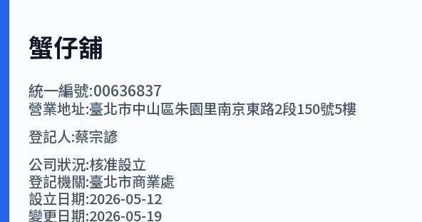 蟹仔舖的照片-統編 00636837(臺北市) 公司登記資料與營業項目詳細圖表