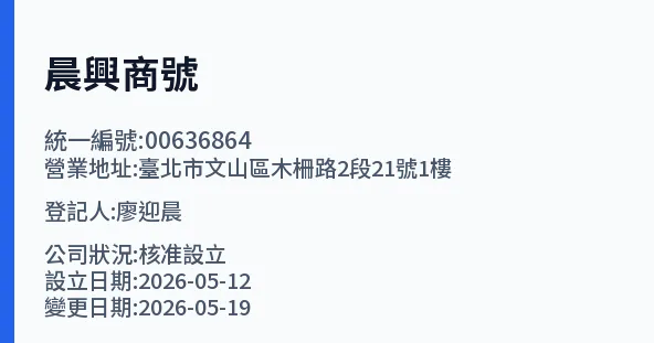 晨興商號的照片-統編 00636864(臺北市) 公司登記資料與營業項目詳細圖表