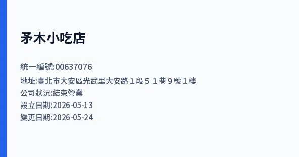 矛木小吃店的照片-統編 00637076(臺北市) 公司登記資料與營業項目詳細圖表