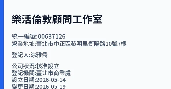 樂活倫敦顧問工作室的照片-統編 00637126(臺北市) 公司登記資料與營業項目詳細圖表