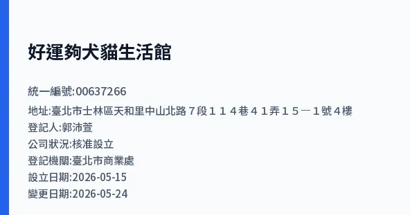 好運夠犬貓生活館的照片-統編 00637266(臺北市) 公司登記資料與營業項目詳細圖表