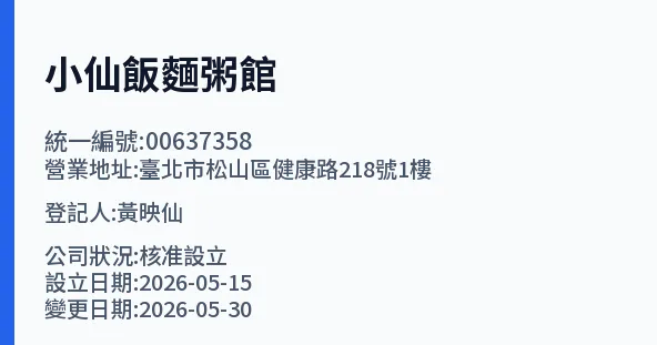 小仙飯麵粥館的照片-統編 00637358(臺北市) 公司登記資料與營業項目詳細圖表