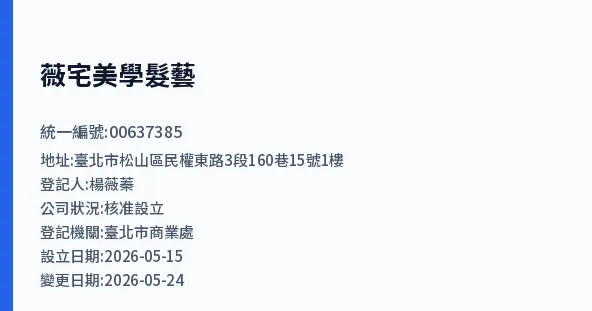 薇宅美學髮藝的照片-統編 00637385(臺北市) 公司登記資料與營業項目詳細圖表