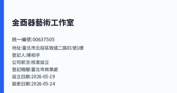 金酉器藝術工作室的照片-統編 00637505(臺北市) 公司登記資料與營業項目詳細圖表
