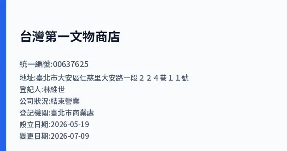 台灣第一文物商店的照片-統編 00637625 公司登記資料與營業項目詳細圖表