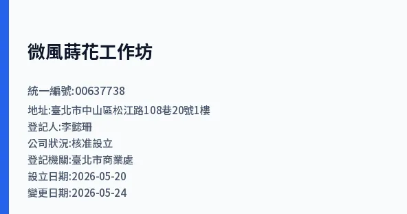 微風蒔花工作坊的照片-統編 00637738(臺北市) 公司登記資料與營業項目詳細圖表