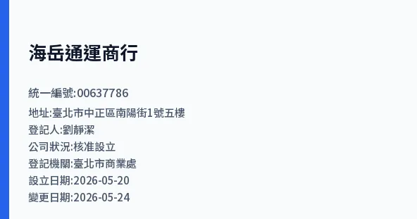 海岳通運商行的照片-統編 00637786(臺北市) 公司登記資料與營業項目詳細圖表