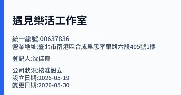 遇見樂活工作室的照片-統編 00637836(臺北市) 公司登記資料與營業項目詳細圖表