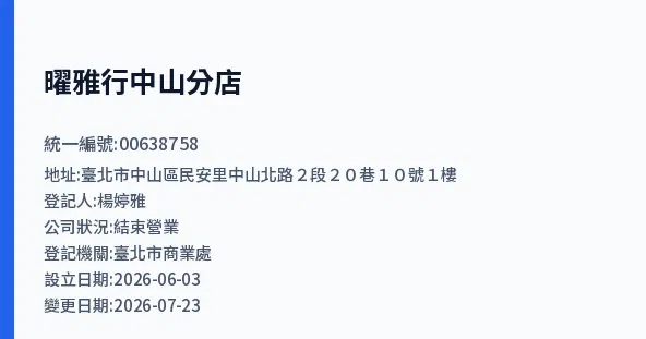 曜雅行中山分店的照片-統編 00638758 公司登記資料與營業項目詳細圖表