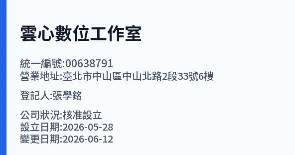 雲心數位工作室的照片-統編 00638791(臺北市) 公司登記資料與營業項目詳細圖表