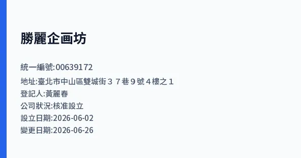 勝麗企画坊的照片-統編 00639172(臺北市) 公司登記資料與營業項目詳細圖表