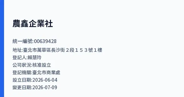 農鑫企業社的照片-統編 00639428 公司登記資料與營業項目詳細圖表