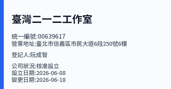 臺灣二一二工作室的照片-統編 00639617(臺北市) 公司登記資料與營業項目詳細圖表