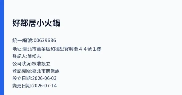 好鄰居小火鍋的照片-統編 00639686 公司登記資料與營業項目詳細圖表