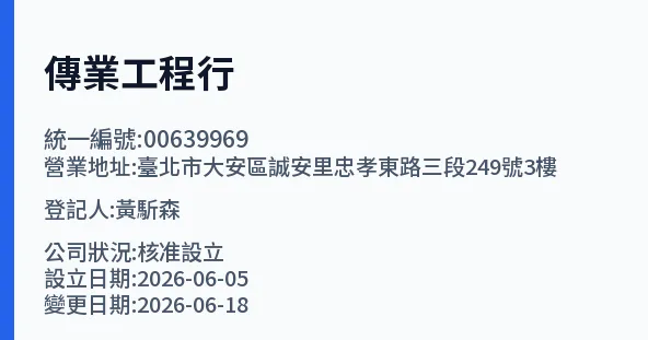 傳業工程行的照片-統編 00639969(臺北市) 公司登記資料與營業項目詳細圖表
