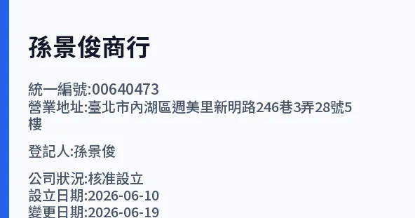 孫景俊商行的照片-統編 00640473(臺北市) 公司登記資料與營業項目詳細圖表
