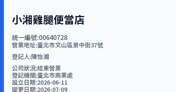 小湘雞腿便當店的照片-統編 00640728(臺北市) 公司登記資料與營業項目詳細圖表