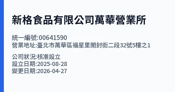 新格食品有限公司萬華營業所的照片-統編 00641590(臺北市) 公司登記資料與營業項目詳細圖表
