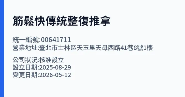 筋鬆快傳統整復推拿的照片-統編 00641711(臺北市) 公司登記資料與營業項目詳細圖表