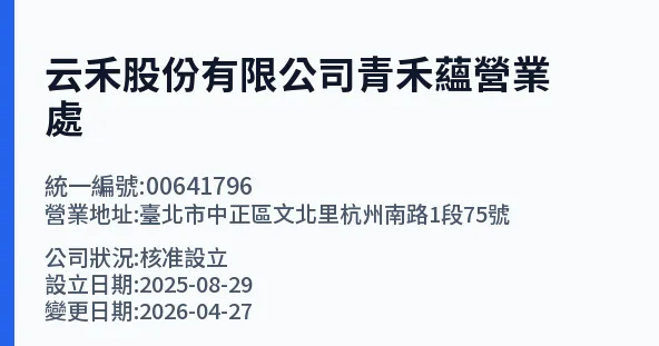 云禾股份有限公司青禾蘊營業處的照片-統編 00641796(臺北市) 公司登記資料與營業項目詳細圖表