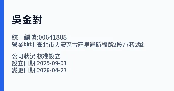 吳金對的照片-統編 00641888(臺北市) 公司登記資料與營業項目詳細圖表