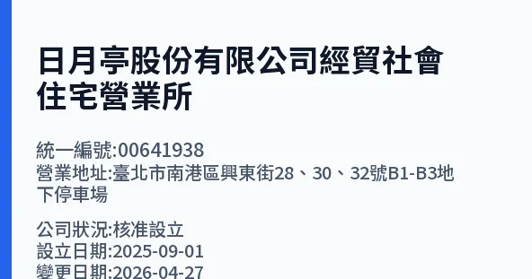日月亭股份有限公司經貿社會住宅營業所的照片-統編 00641938(臺北市) 公司登記資料與營業項目詳細圖表