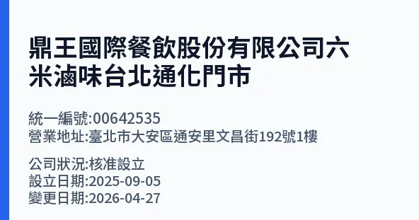 鼎王國際餐飲股份有限公司六米滷味台北通化門市的照片-統編 00642535(臺北市) 公司登記資料與營業項目詳細圖表
