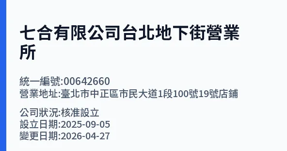 七合有限公司台北地下街營業所的照片-統編 00642660(臺北市) 公司登記資料與營業項目詳細圖表