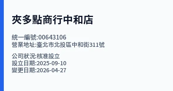 夾多點商行中和店的照片-統編 00643106(臺北市) 公司登記資料與營業項目詳細圖表