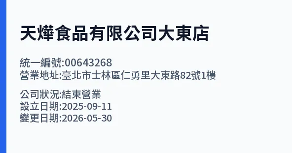 天燁食品有限公司大東店的照片-統編 00643268(臺北市) 公司登記資料與營業項目詳細圖表