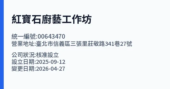 紅寶石廚藝工作坊的照片-統編 00643470(臺北市) 公司登記資料與營業項目詳細圖表