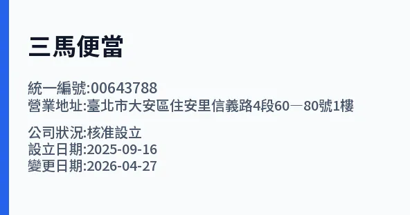 三馬便當的照片-統編 00643788(臺北市) 公司登記資料與營業項目詳細圖表