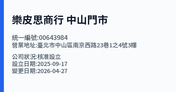 樂皮思商行 中山門市的照片-統編 00643984(臺北市) 公司登記資料與營業項目詳細圖表